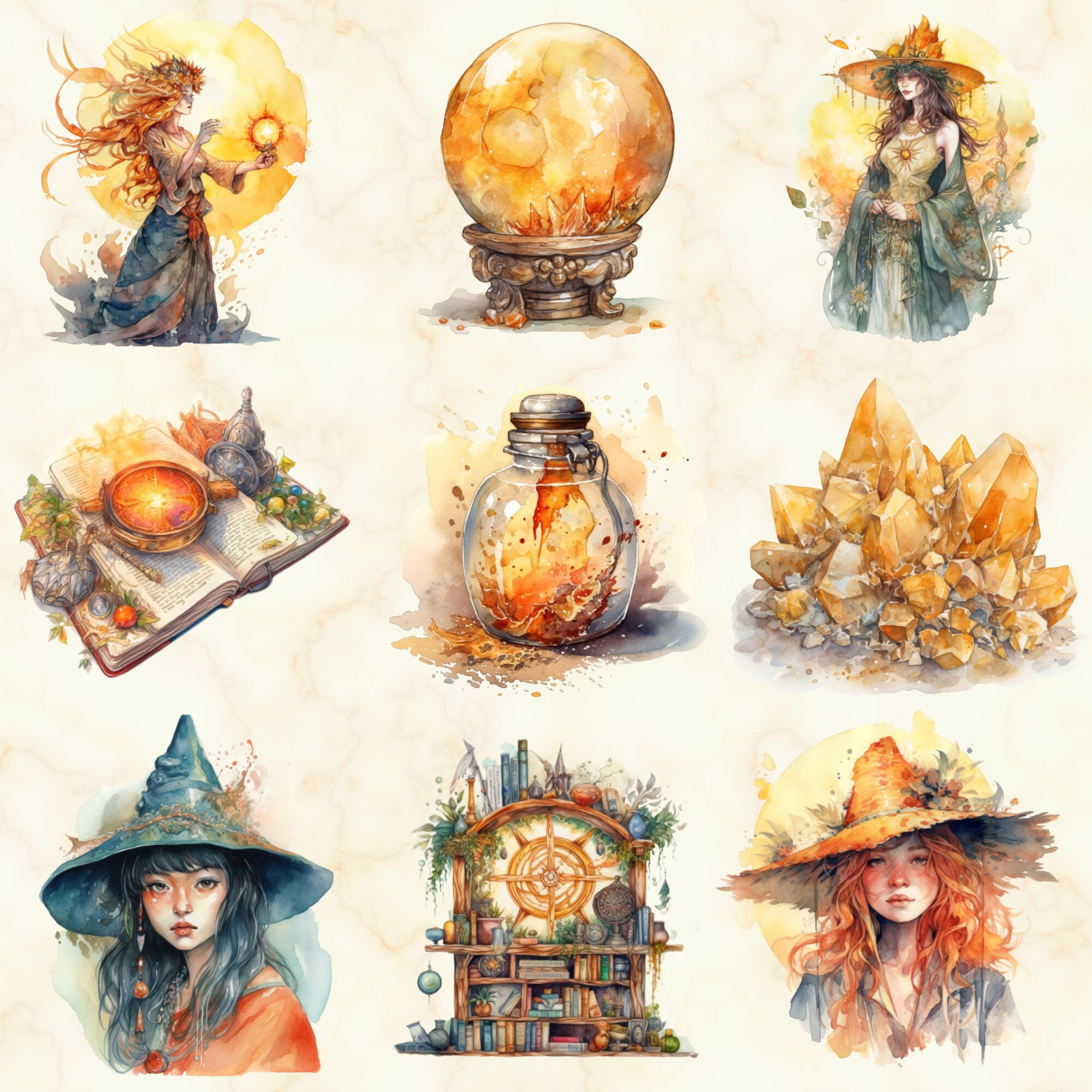 45 PNG Watercolor Sun Witch Clipart - Bright Sunshine Witchy PNG Set ...