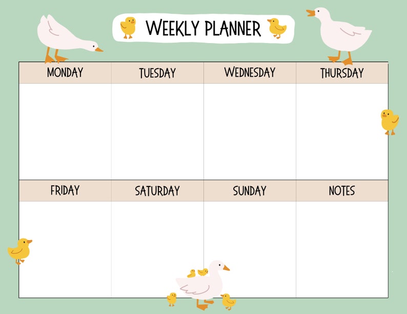 Cute Duck Open Printable Weekly Planner, Digital Download Planner Page ...