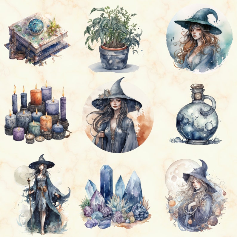 45 PNG Watercolor Moon Witch Clipart - Mystic Moon Witchy PNG Set ...