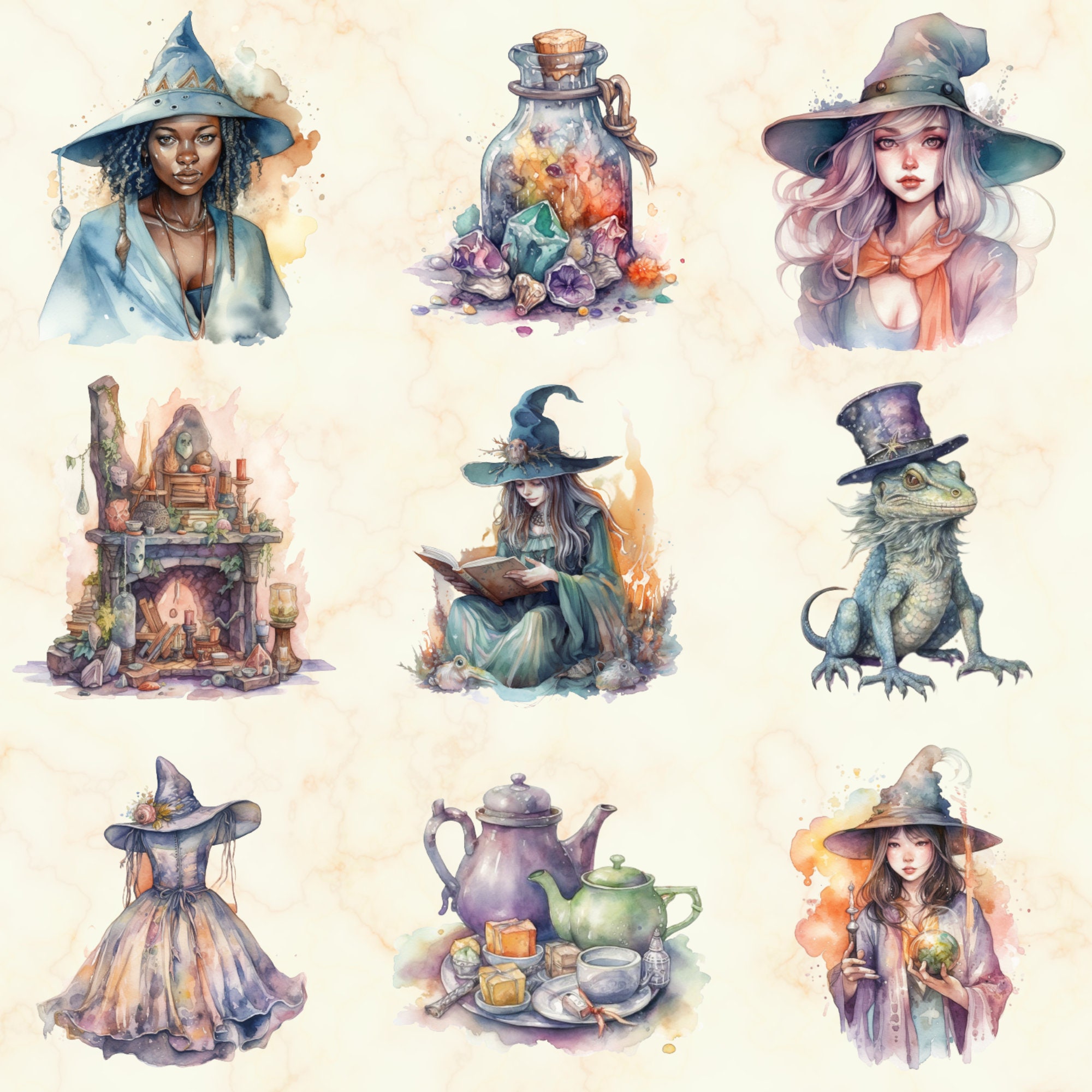 45 PNG Watercolor Pastel Witch Clipart Pretty Colorful Witchy PNG Set ...