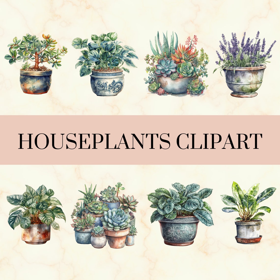 27 Houseplants Watercolor Clipart - Pretty Potted Plants PNG Set, Green ...