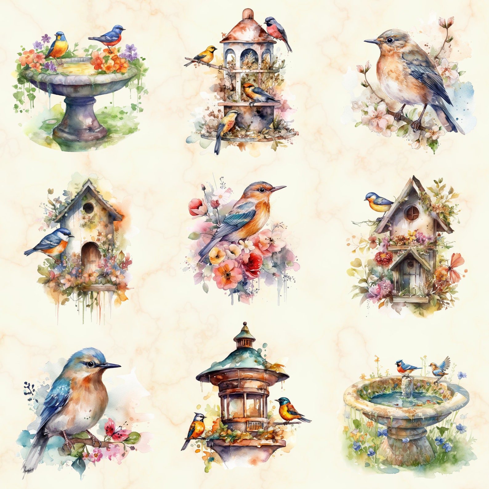 27 Summer Birds Watercolor Clipart - Pretty Floral Birds PNG Set ...