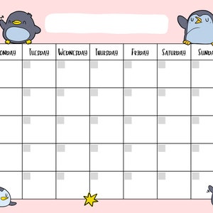Cute Penguin Open Printable Monthly Calendar Planner, Digital Download ...