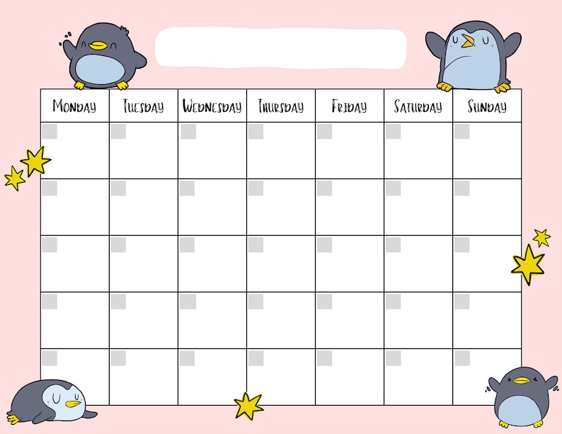 Cute Penguin Open Printable Monthly Calendar Planner, Digital Download ...