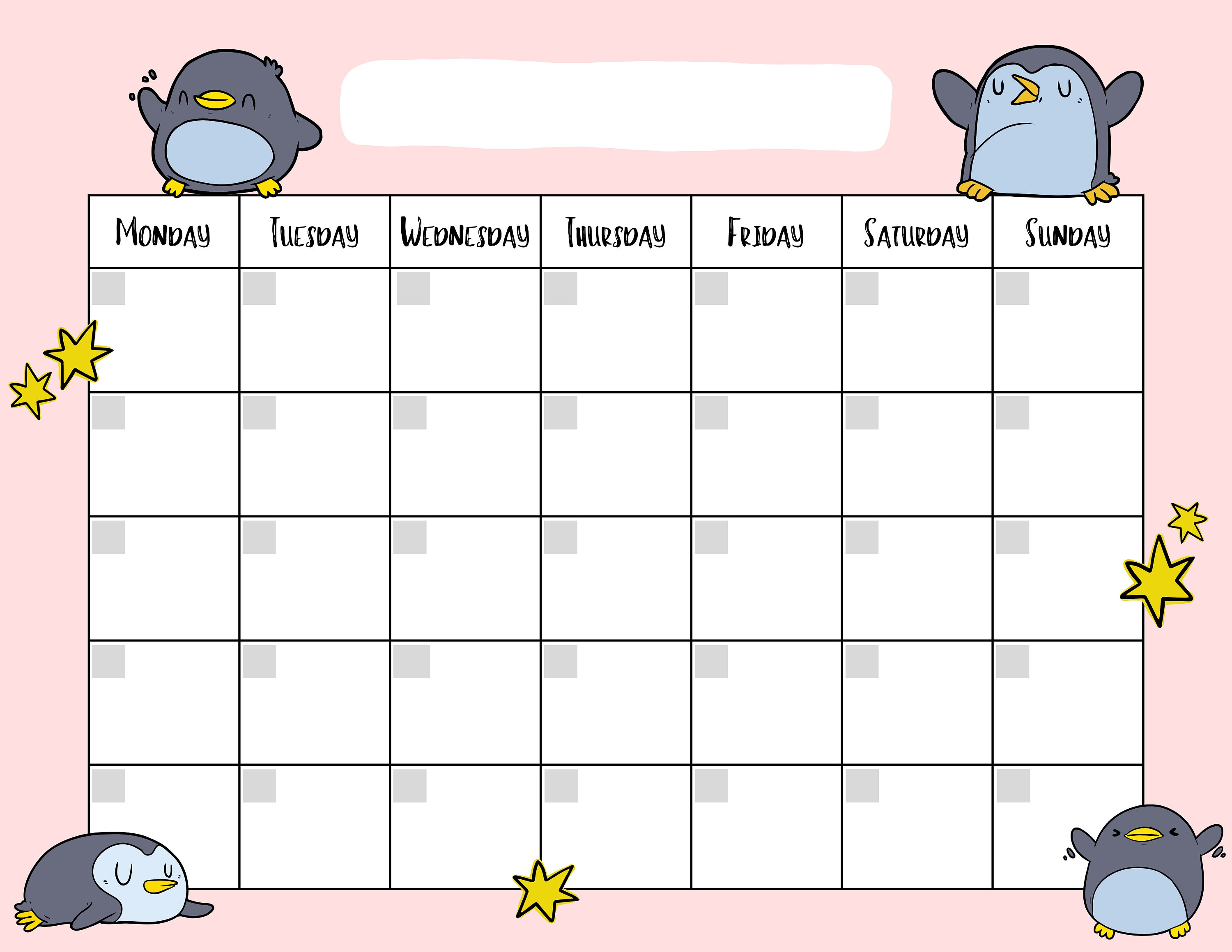 Cute Penguin Open Printable Monthly Calendar Planner, Digital Download ...