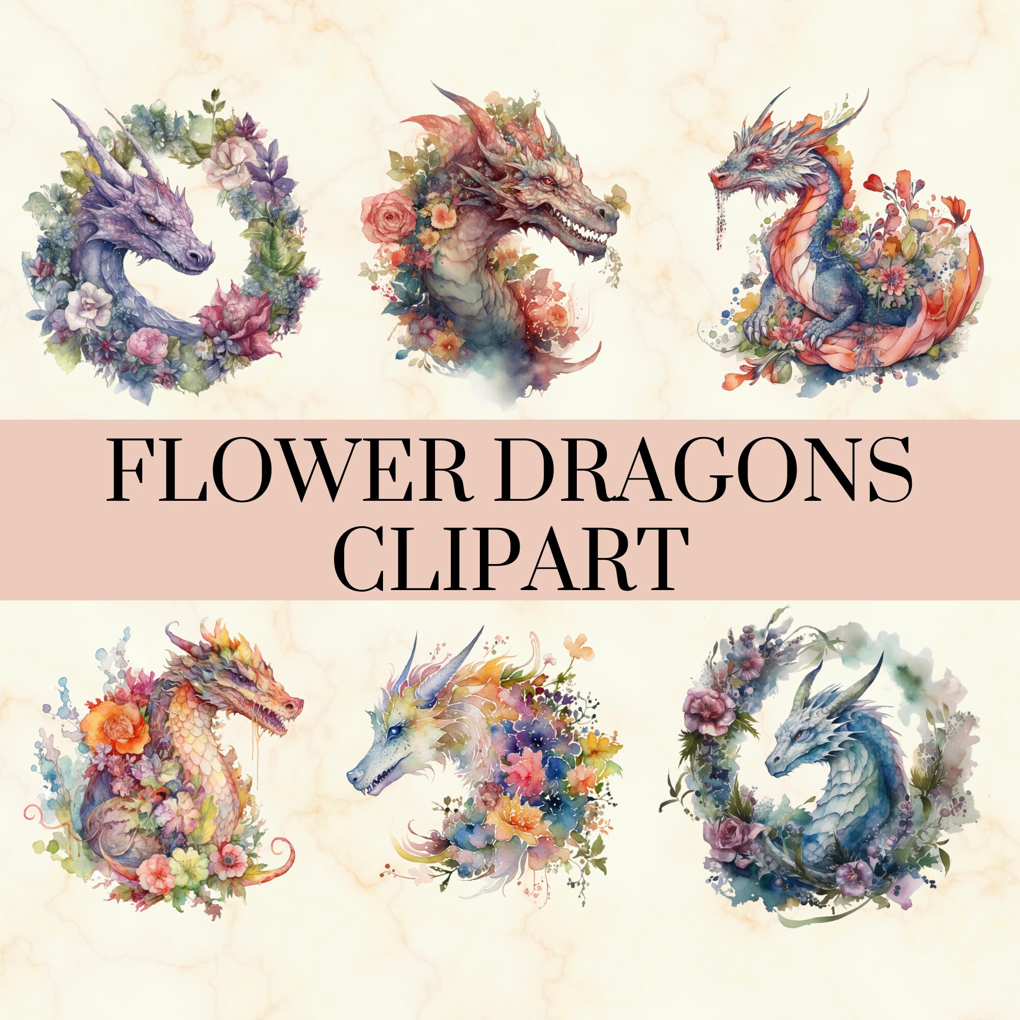 21 Flower Dragons Watercolor Clipart - Pretty Floral Dragon PNG Set ...