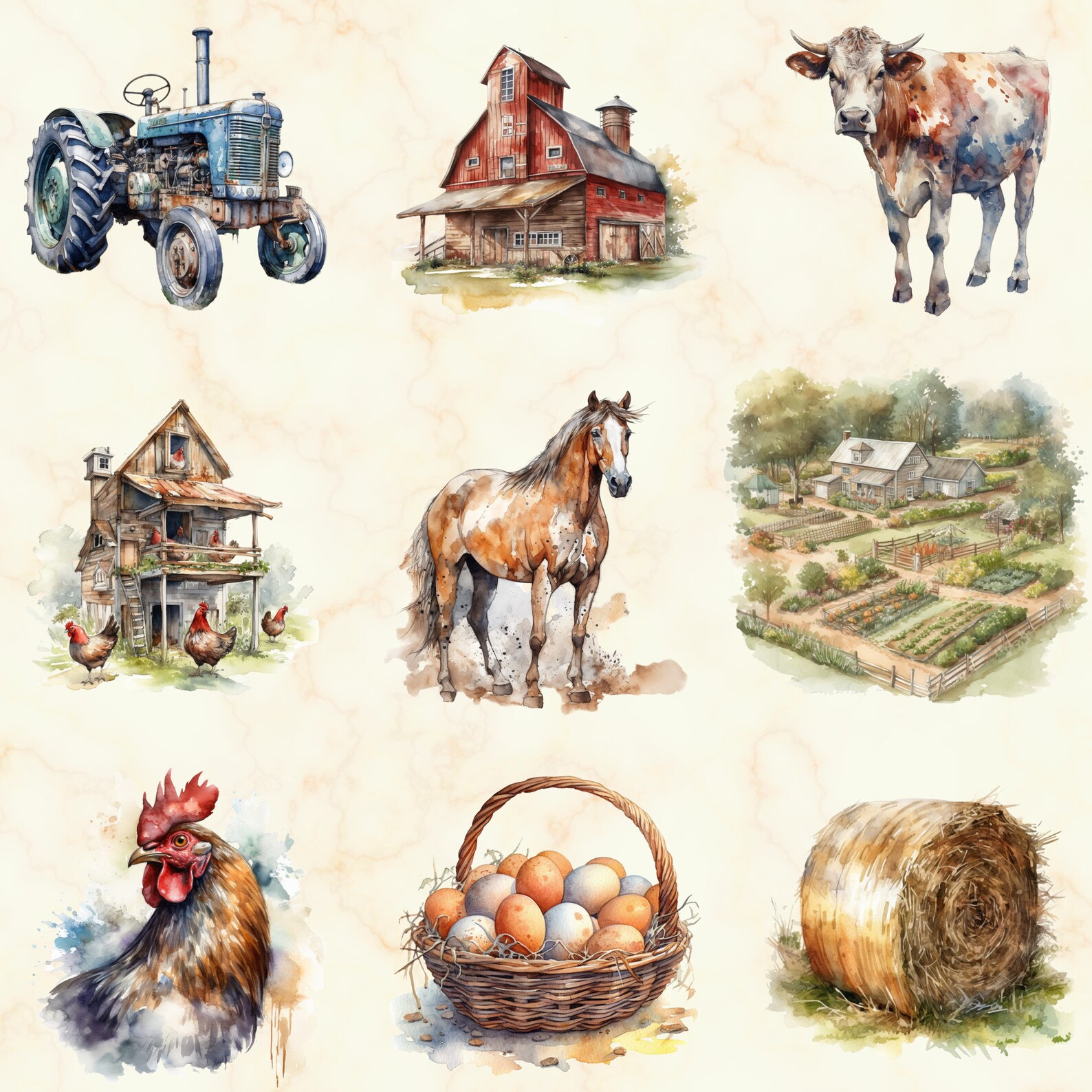 36 Family Farm Watercolor Clipart - Baby Farm Animals PNG Set, Barn ...