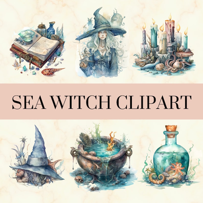 20 PNG Sea Witch Clipart - Witchy PNG Set, Ocean Magic Witch Art ...