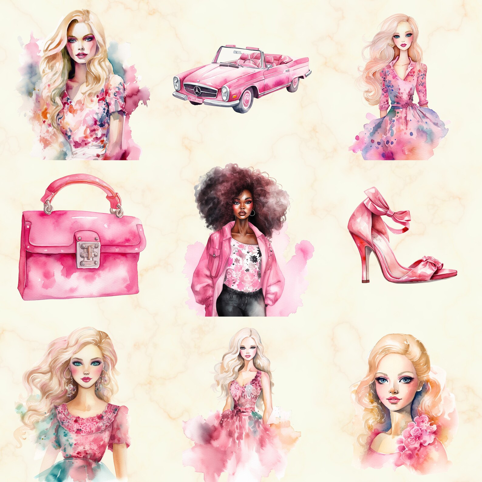 27 Barbie Watercolor Clipart - Pretty Barbie Doll PNG Set, Pink Girly ...