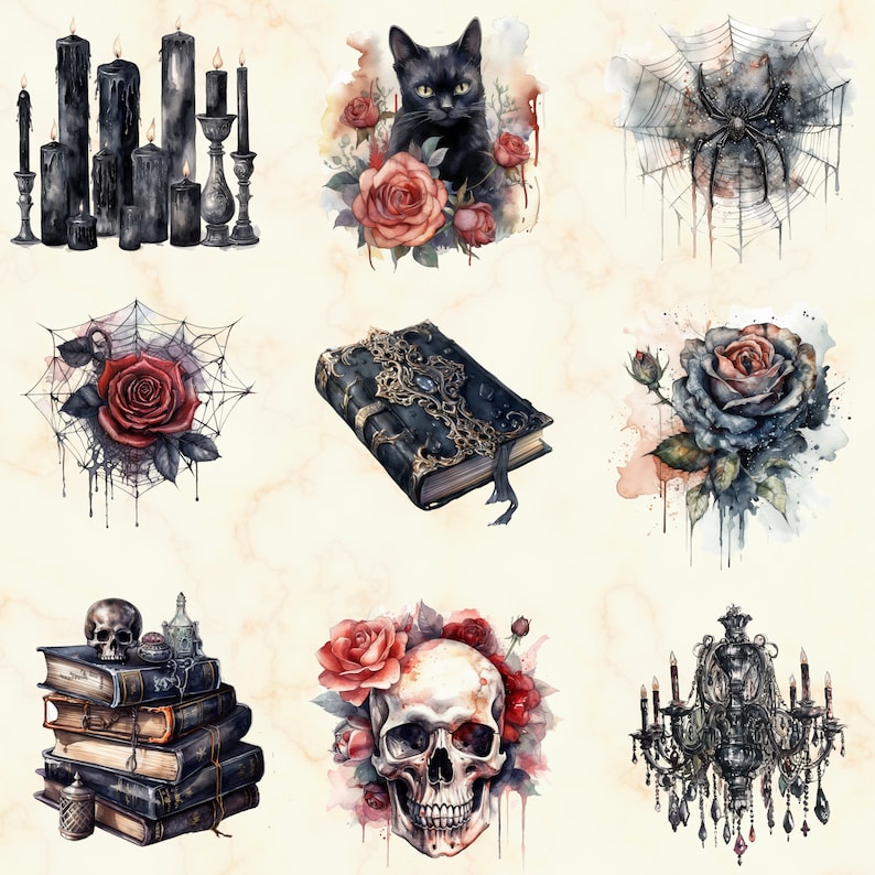 36 Dark Gothic Watercolor Clipart Pretty Dark Academia PNG Set, Skulls ...
