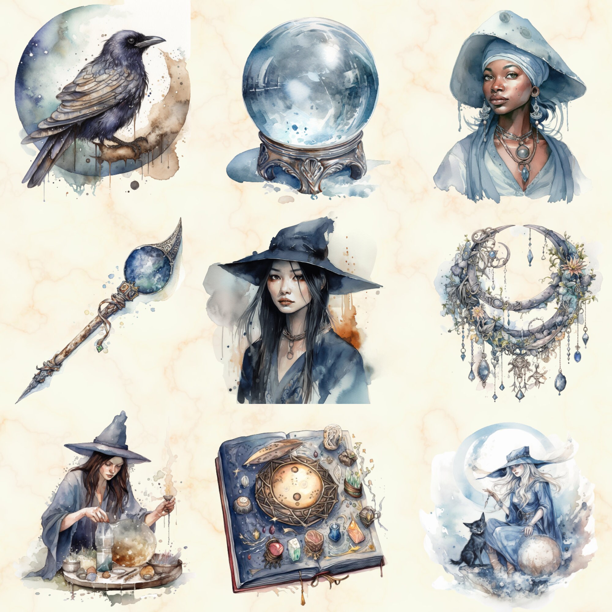 45 PNG Watercolor Moon Witch Clipart - Mystic Moon Witchy PNG Set ...