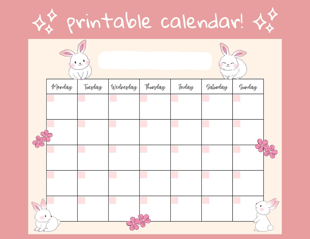 Cute Bunny Open Printable Calendar, Digital Download Calendar, Instant ...