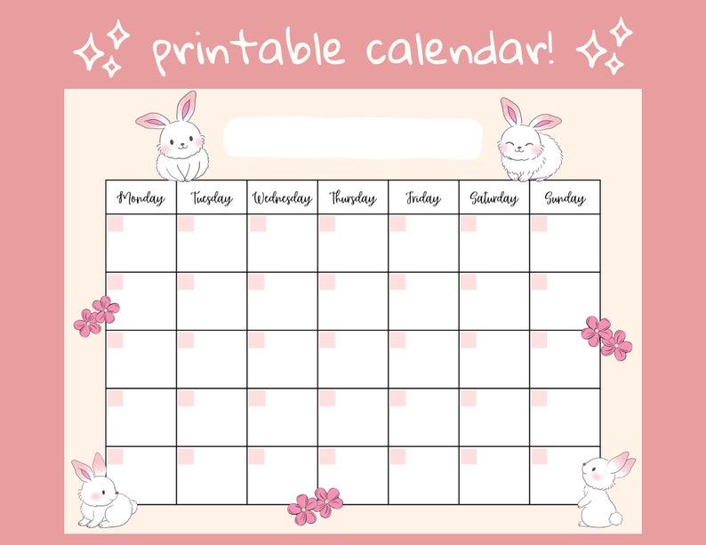 Cute Bunny Open Printable Calendar, Digital Download Calendar, Instant ...