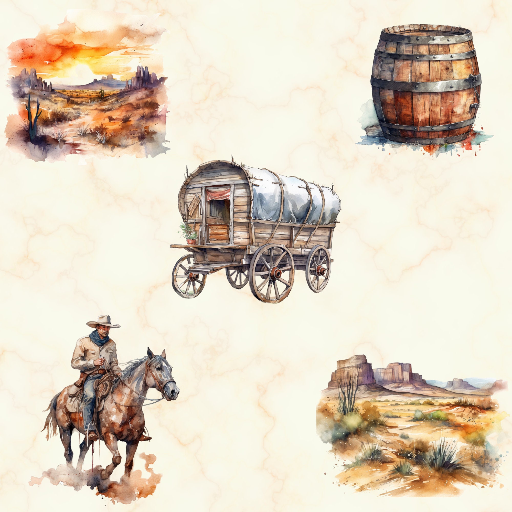 20 Western Watercolor Clipart - Pretty Cowboy Cowgirl PNG Set, Desert ...