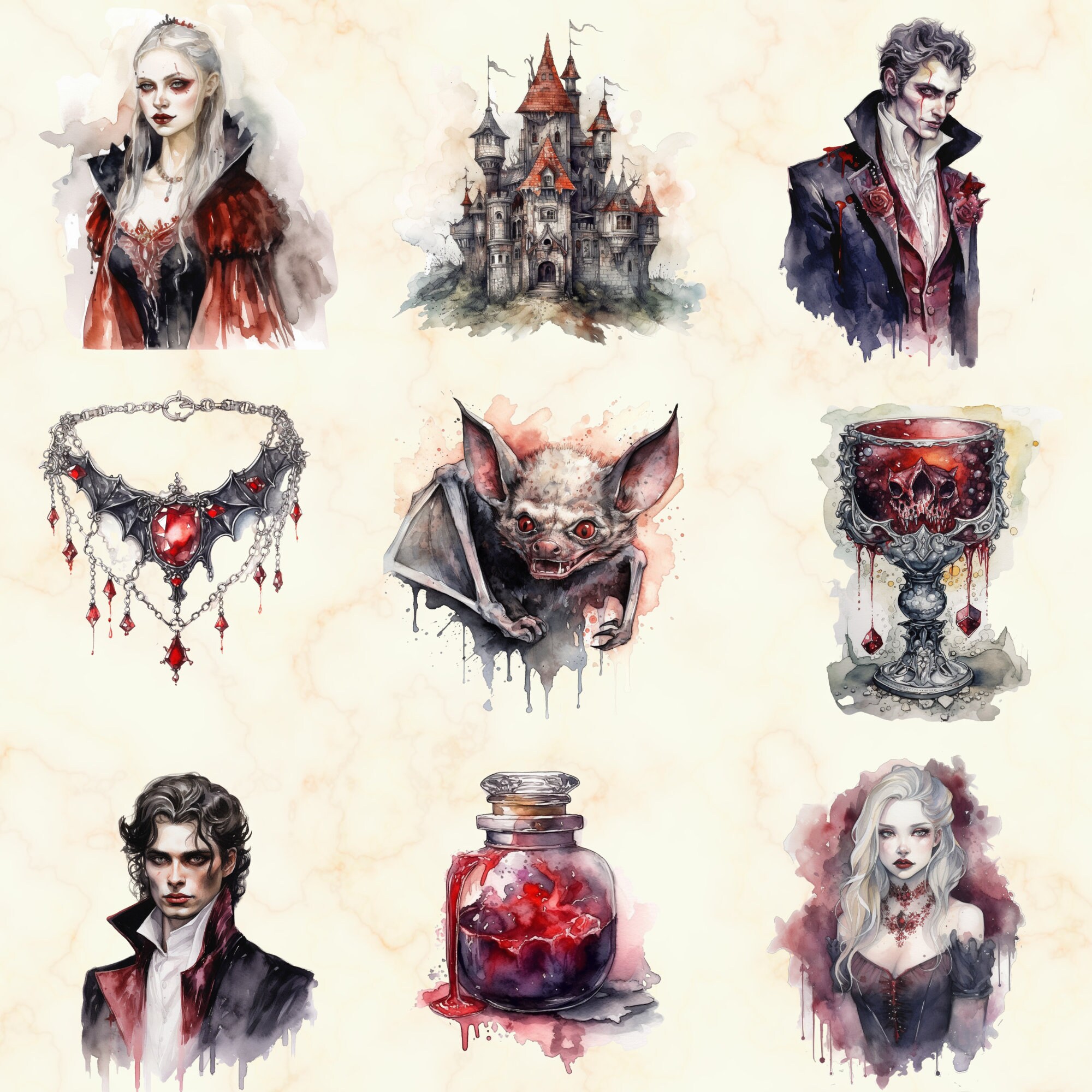 36 Vampires Watercolor Clipart - Pretty Dark Gothic PNG Set, Black Red ...