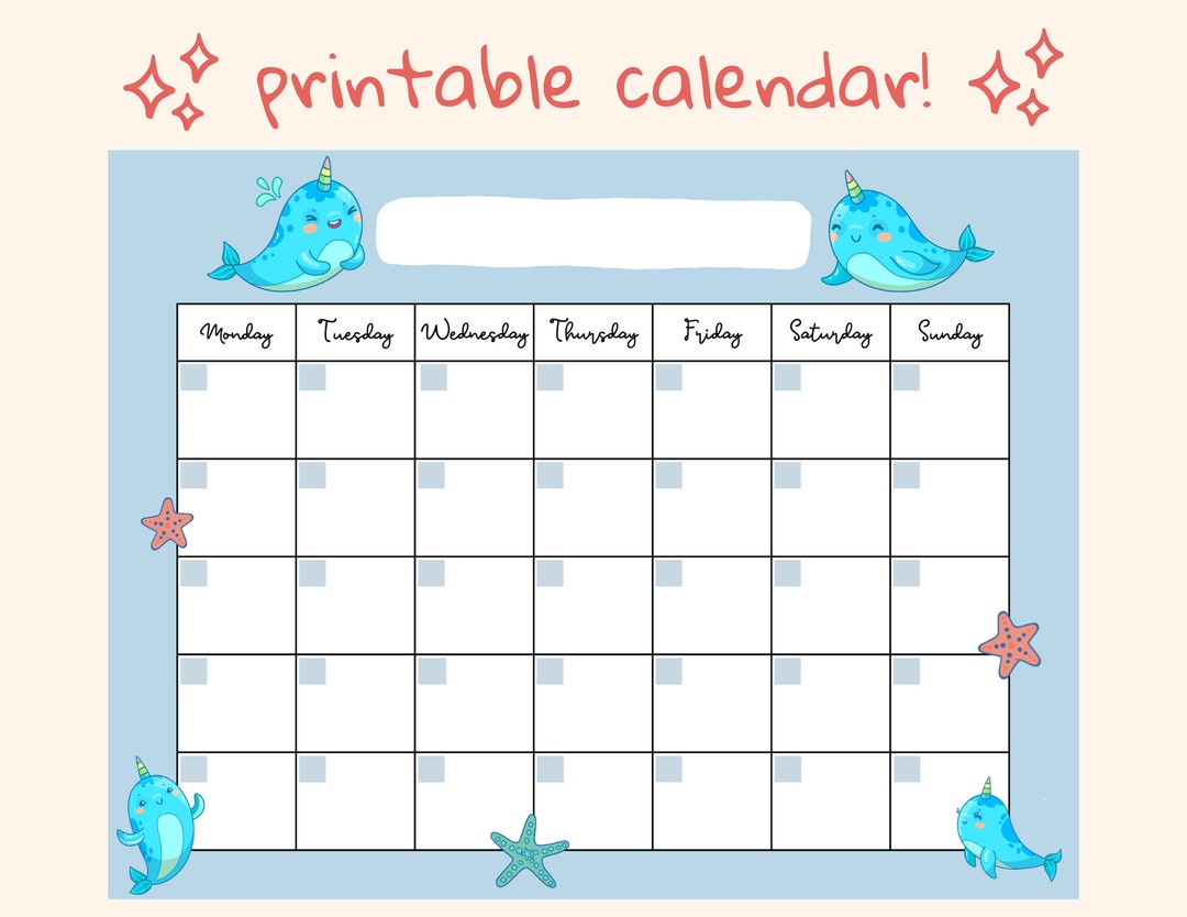 Cute Narwhal Open Printable Calendar, Digital Download Calendar ...