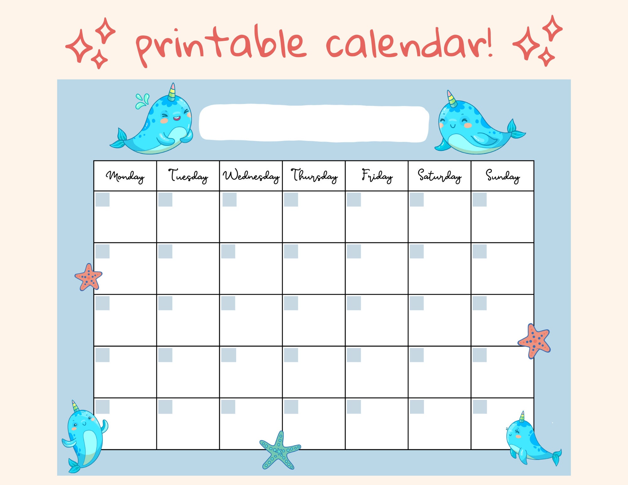 Cute Narwhal Open Printable Calendar, Digital Download Calendar ...