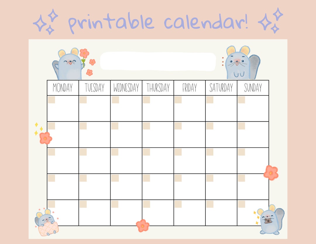 Cute Mouse Open Printable Calendar, Digital Download Calendar, Instant ...