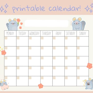 Cute Mouse Open Printable Calendar, Digital Download Calendar, Instant ...
