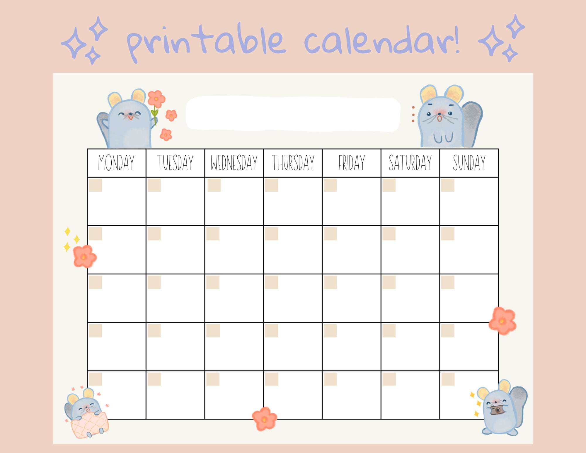 Cute Mouse Open Printable Calendar, Digital Download Calendar, Instant ...