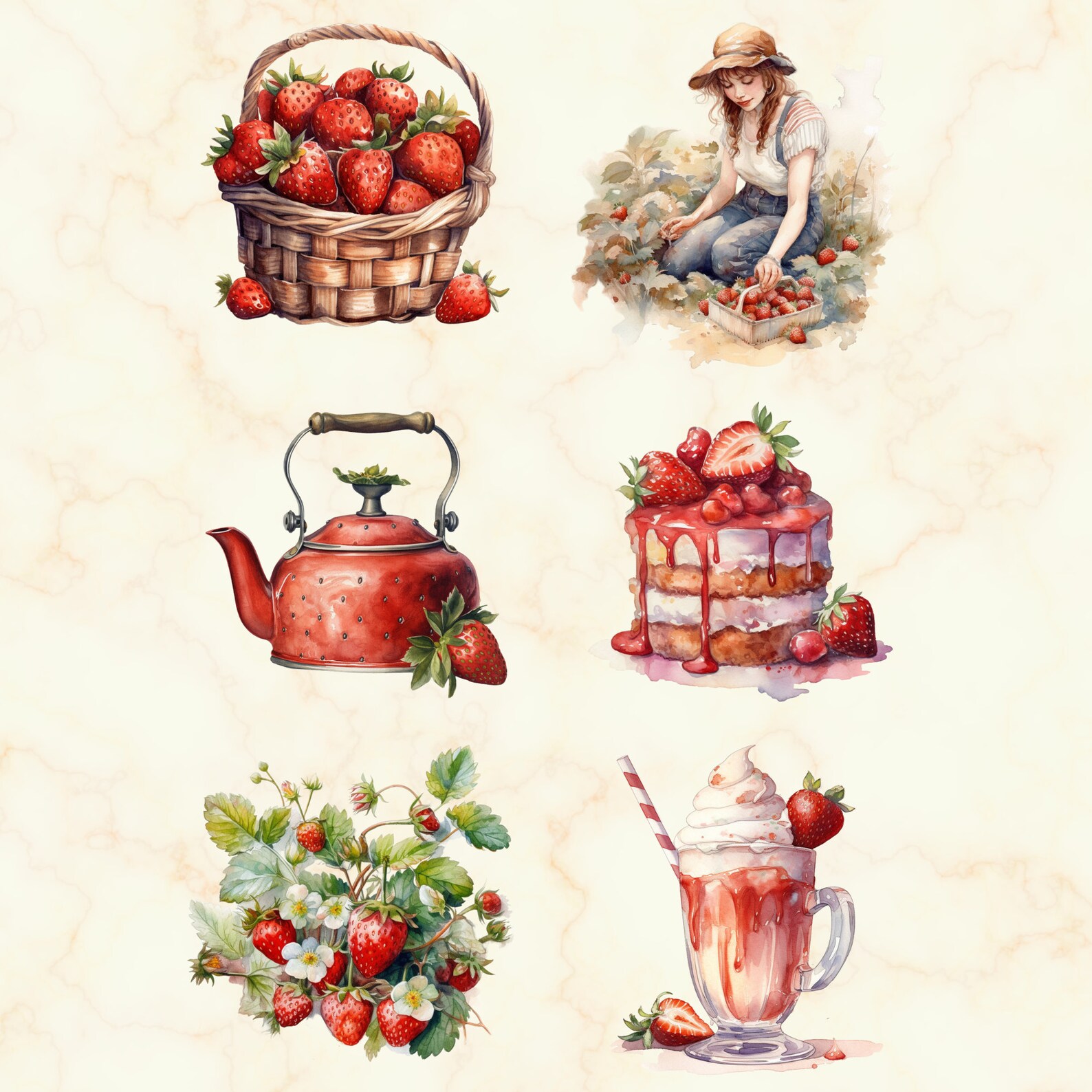 24 Strawberry Watercolor Clipart Pretty Cottagecore PNG Set, Fruit and ...