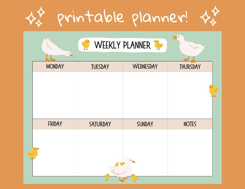 Cute Duck Open Printable Weekly Planner, Digital Download Planner Page ...