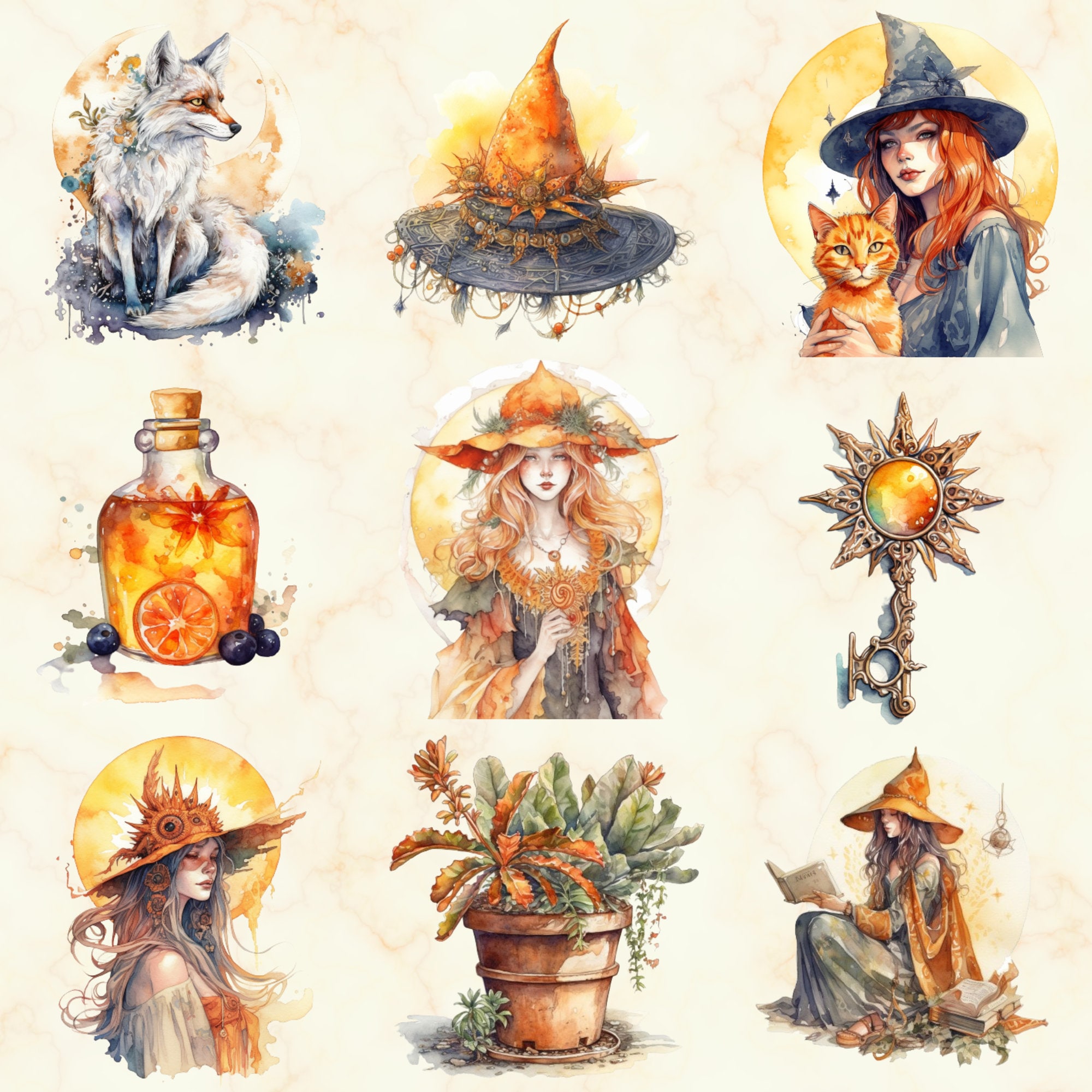 45 PNG Watercolor Sun Witch Clipart - Bright Sunshine Witchy PNG Set ...