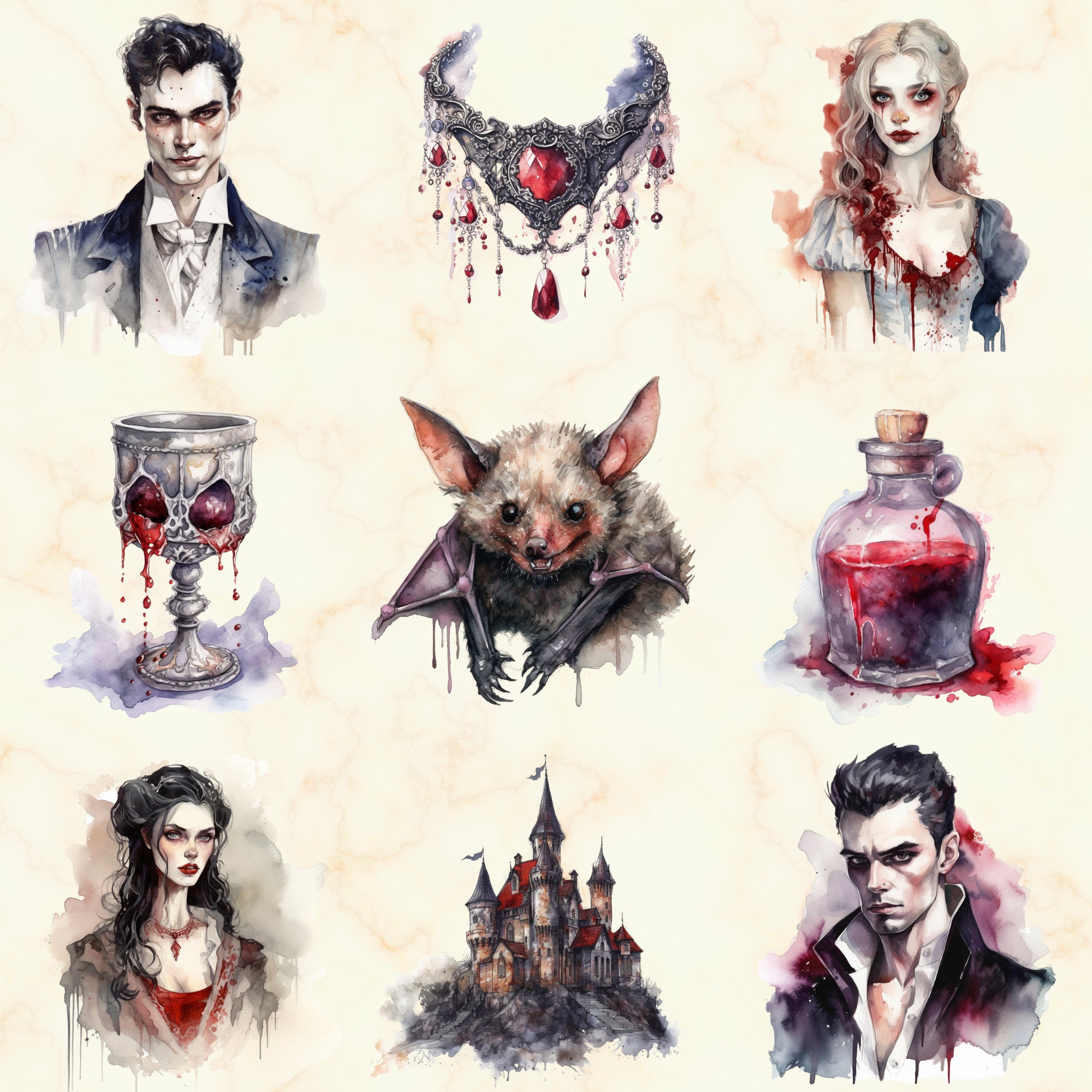 36 Vampires Watercolor Clipart - Pretty Dark Gothic PNG Set, Black Red ...