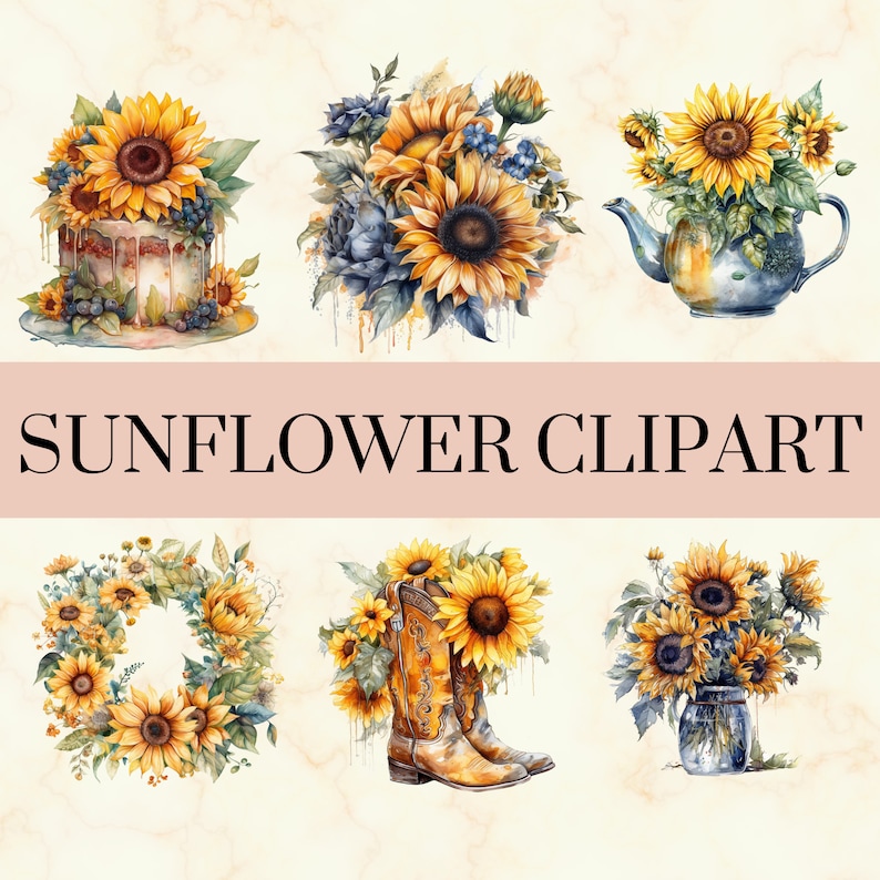 21 Sunflower Watercolor Clipart - Pretty Yellow Flower PNG Set, Summer ...