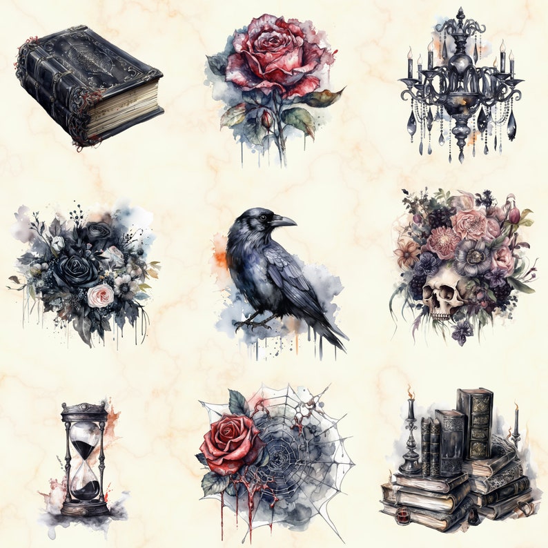 36 Dark Gothic Watercolor Clipart Pretty Dark Academia PNG Set, Skulls ...