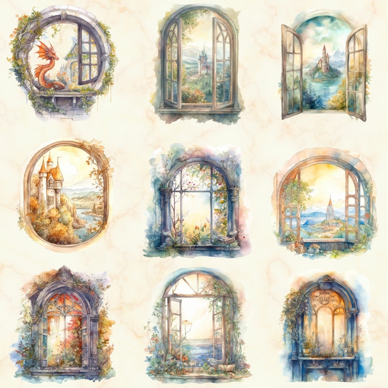 36 Fantasy Windows Watercolor Clipart Magical Fairytale PNG Set ...