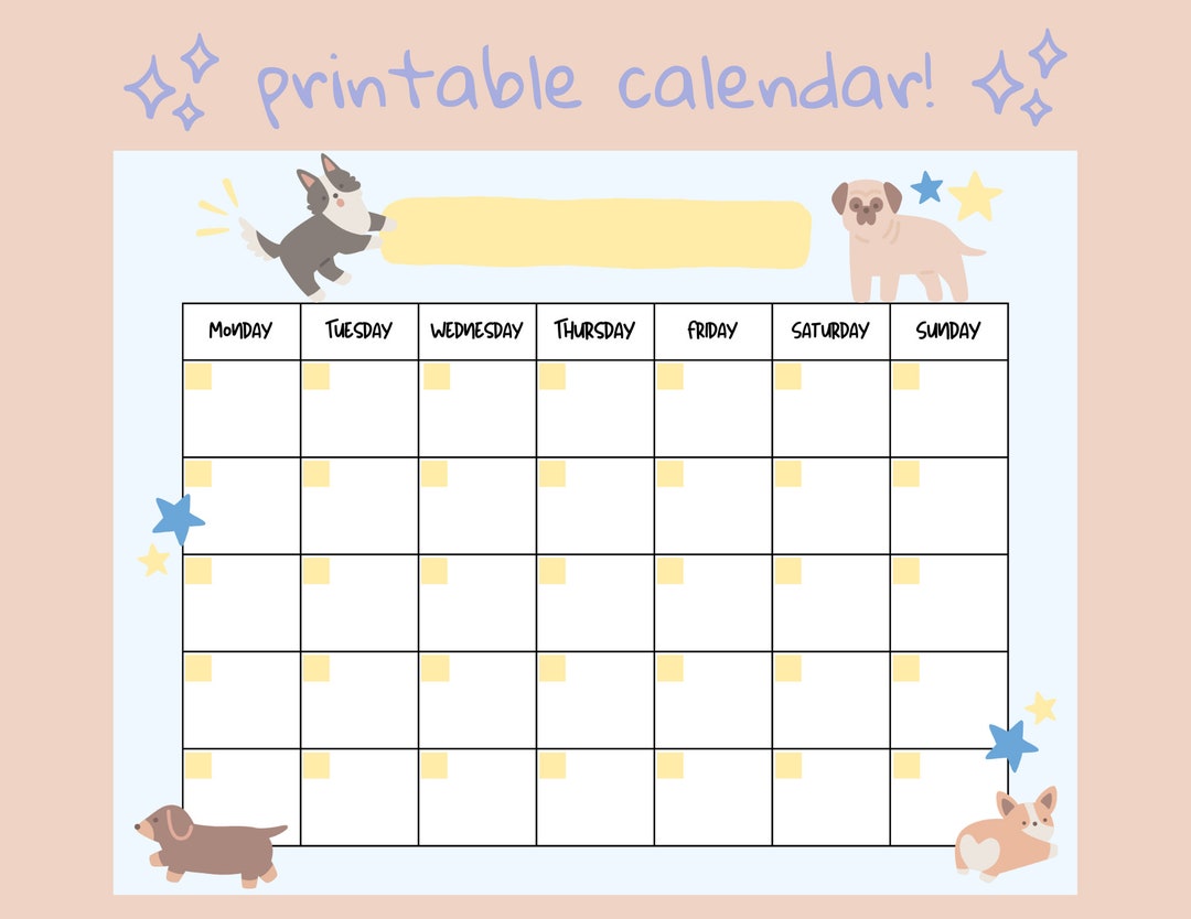 Cute Dog Open Printable Calendar, Digital Download Calendar, Instant ...