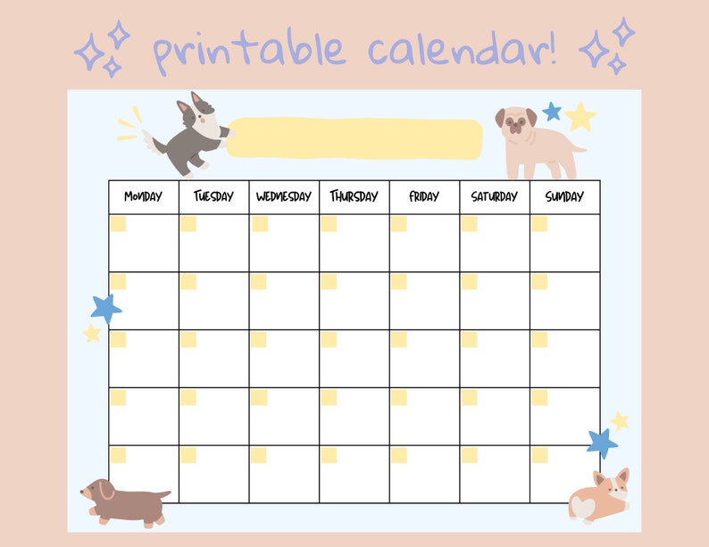 Cute Dog Open Printable Calendar, Digital Download Calendar, Instant ...