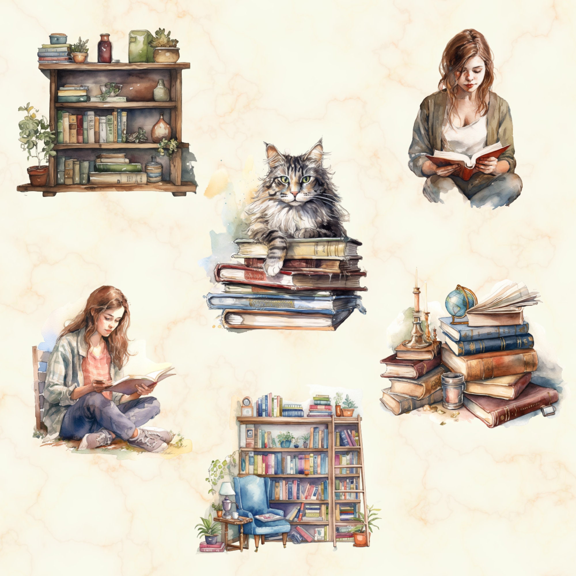 24 PNG Watercolor Book Lover Clipart - Pretty Books PNG Set, Cute ...