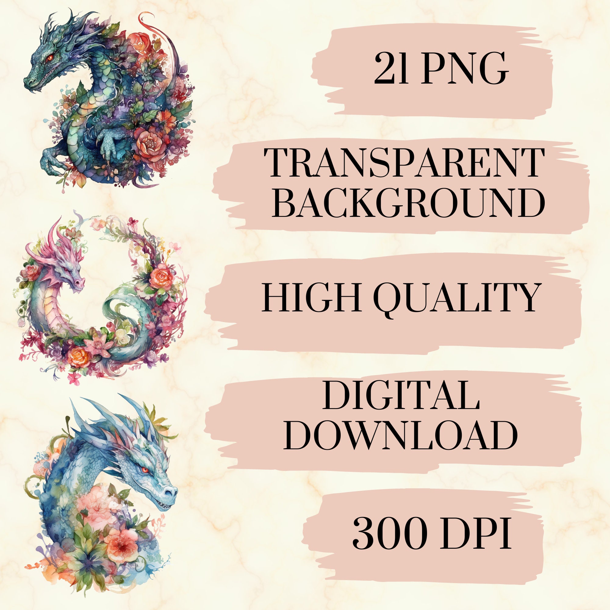 21 Flower Dragons Watercolor Clipart - Pretty Floral Dragon PNG Set ...