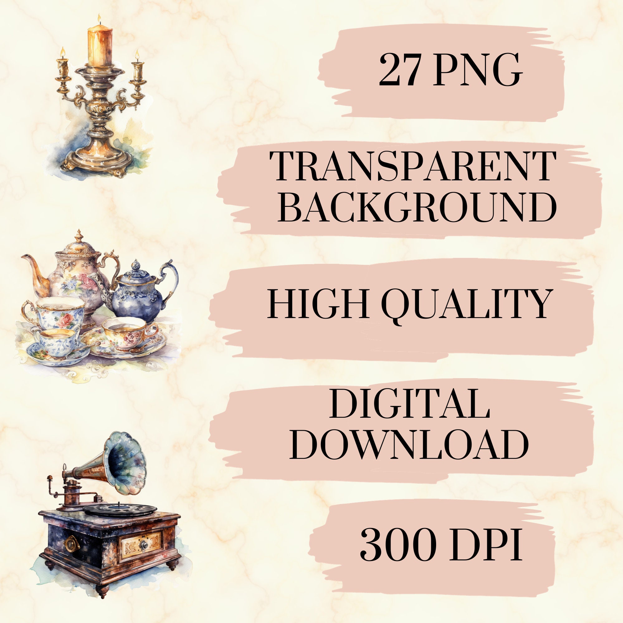 27 Antiques Watercolor Clipart - Pretty Vintage PNG Set, Books ...