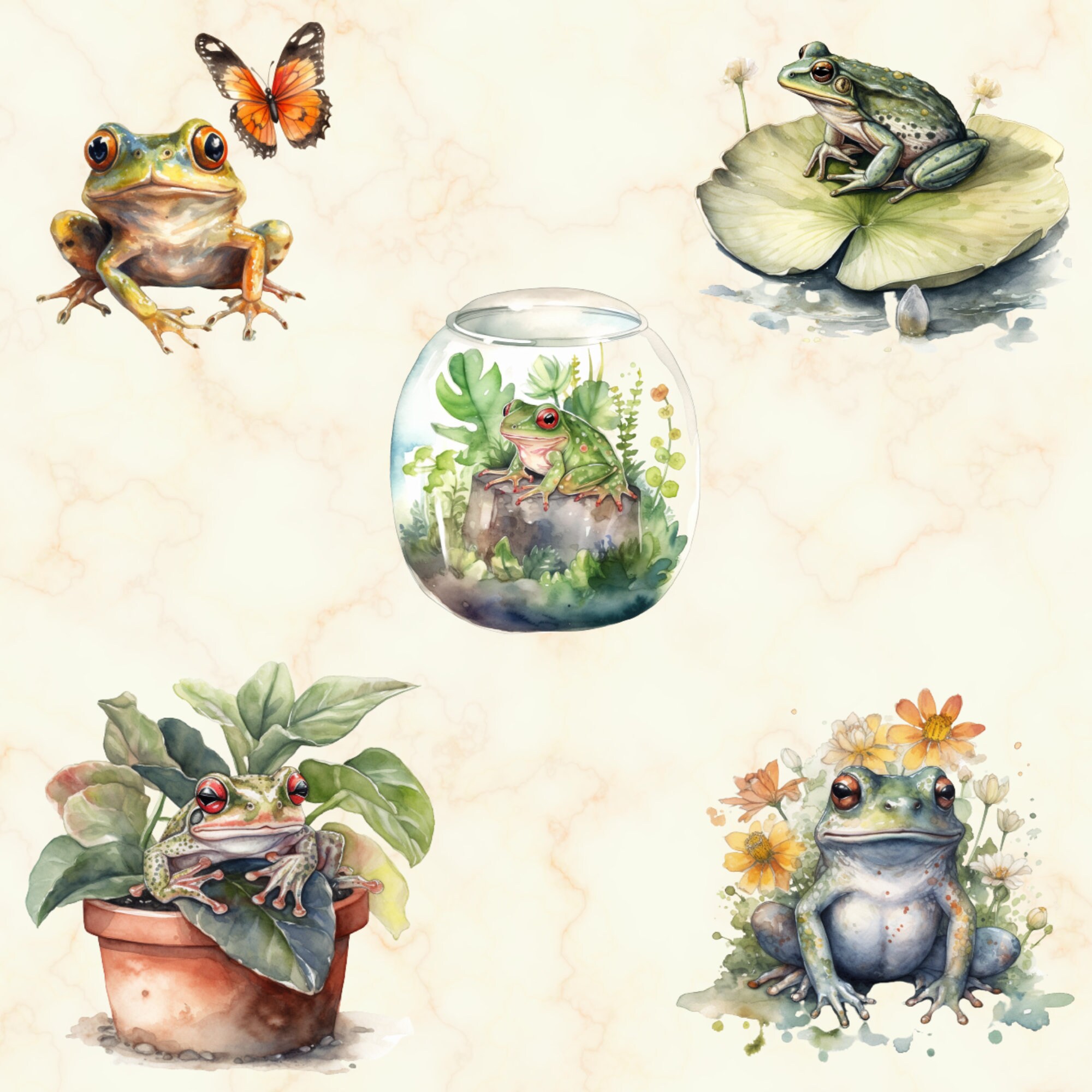 20 PNG Watercolor Cute Frogs Clipart - Pretty Floral Frog PNG Set, Cute ...