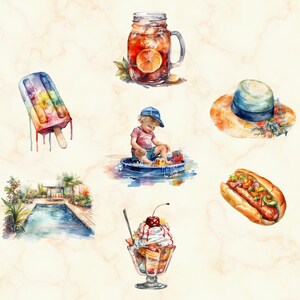 21 Summer Watercolor Clipart - Pretty Summer Vacation PNG Set, Pool ...