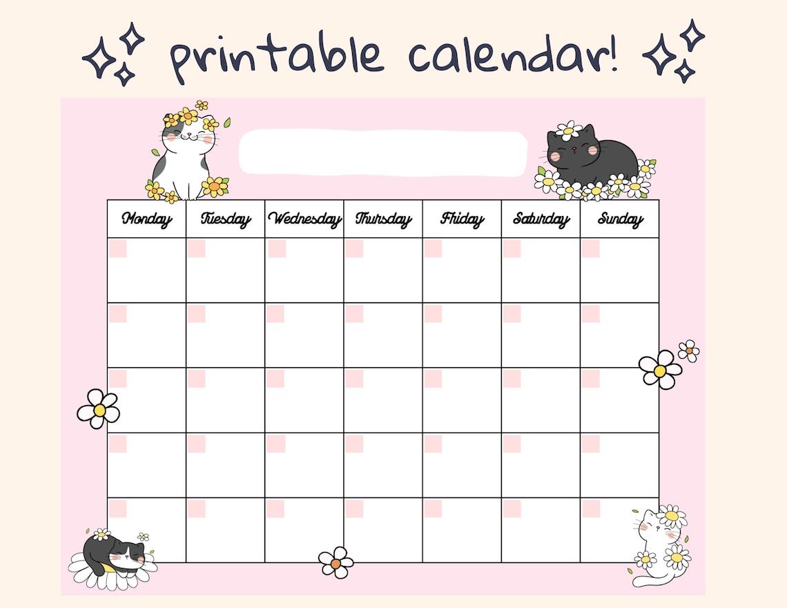 Cute Cat Open Printable Calendar, Digital Download Calendar, Instant ...