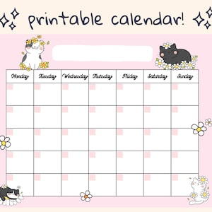 Cute Cat Open Printable Calendar, Digital Download Calendar, Instant ...