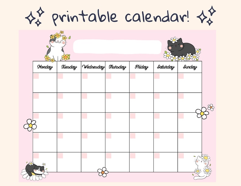 Cute Cat Open Printable Calendar, Digital Download Calendar, Instant ...