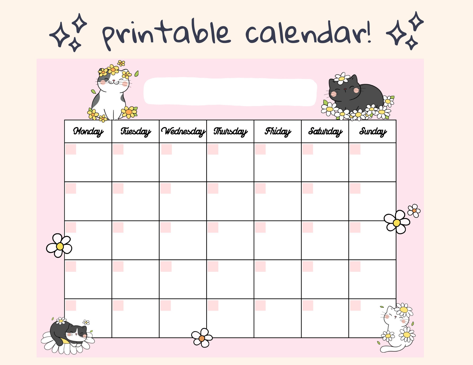 Cute Cat Open Printable Calendar, Digital Download Calendar, Instant ...