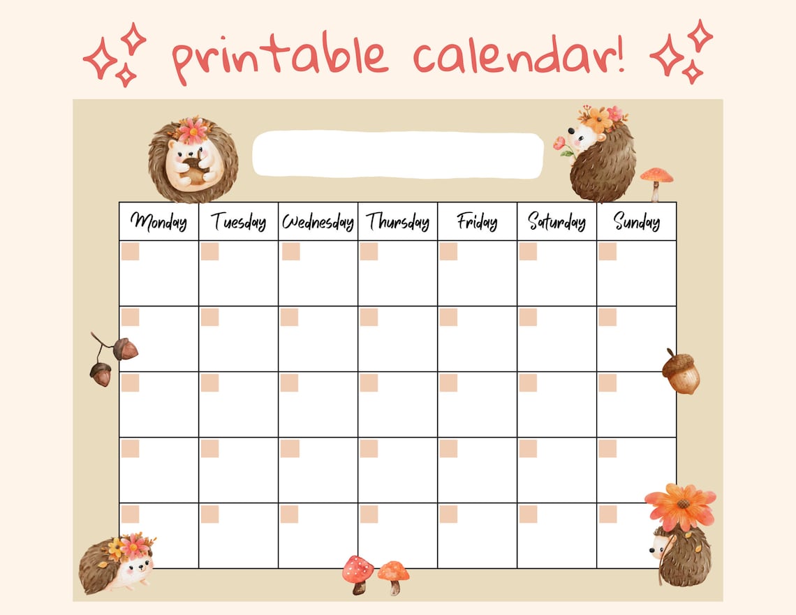 Cute Hedgehog Open Printable Calendar, Digital Download Calendar ...