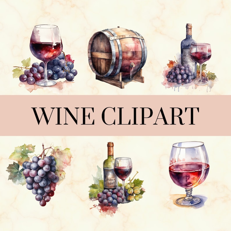 20 Wine Watercolor Clipart - Pretty Wine Bottles and Grapes PNG Set ...
