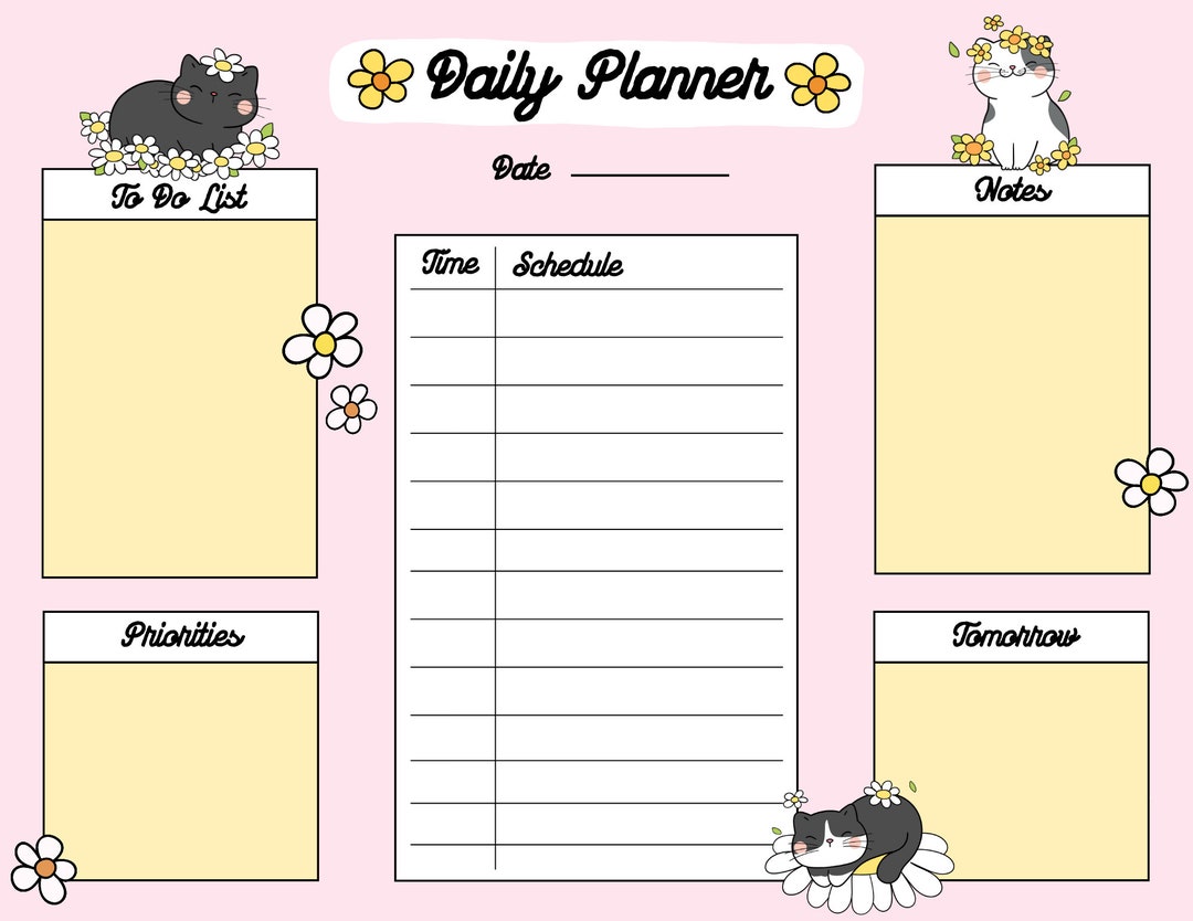 Cute Flowers Cat Open Printable Daily Planner, Digital Download Planner ...