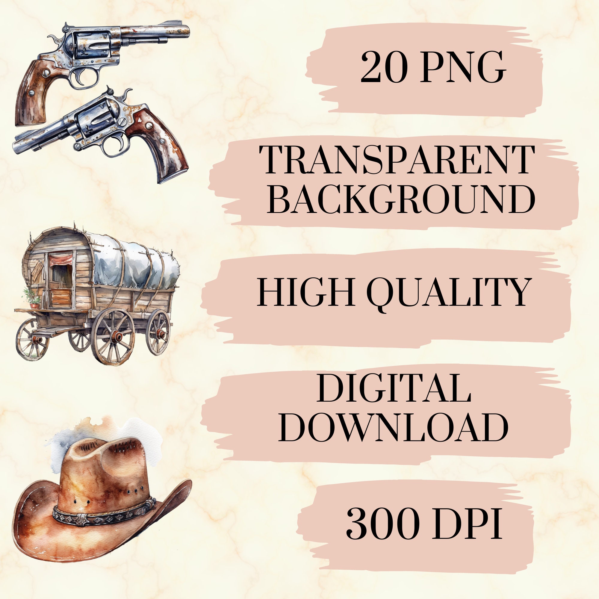 20 Western Watercolor Clipart - Pretty Cowboy Cowgirl PNG Set, Desert ...