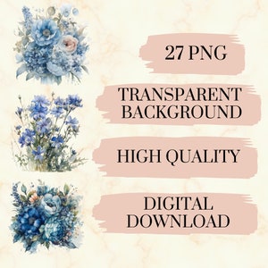 27 PNG Watercolor Blue Flowers Clipart - Pretty Floral PNG Set ...