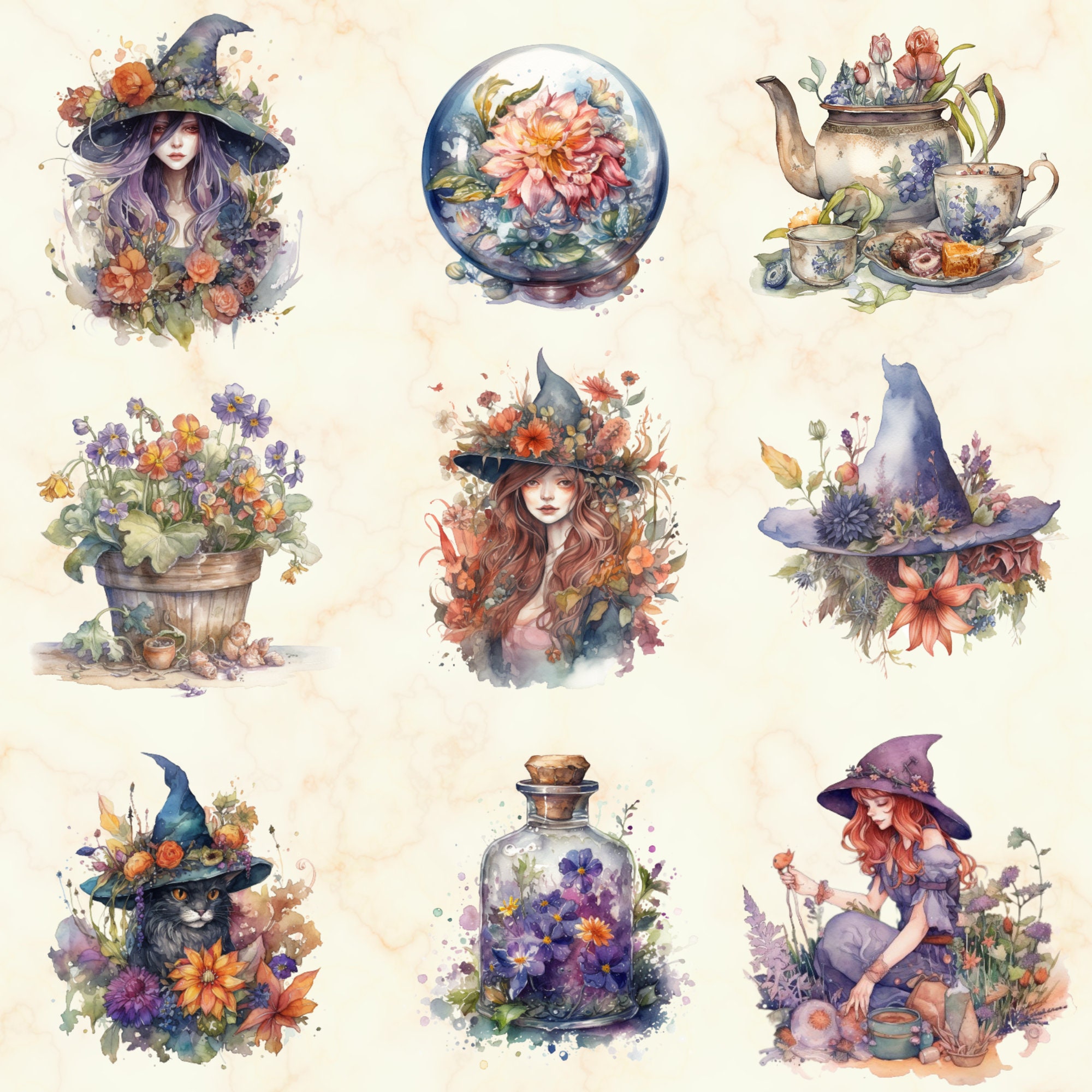 45 PNG Watercolor Flower Witch Clipart - Pretty Floral Witchy PNG Set ...