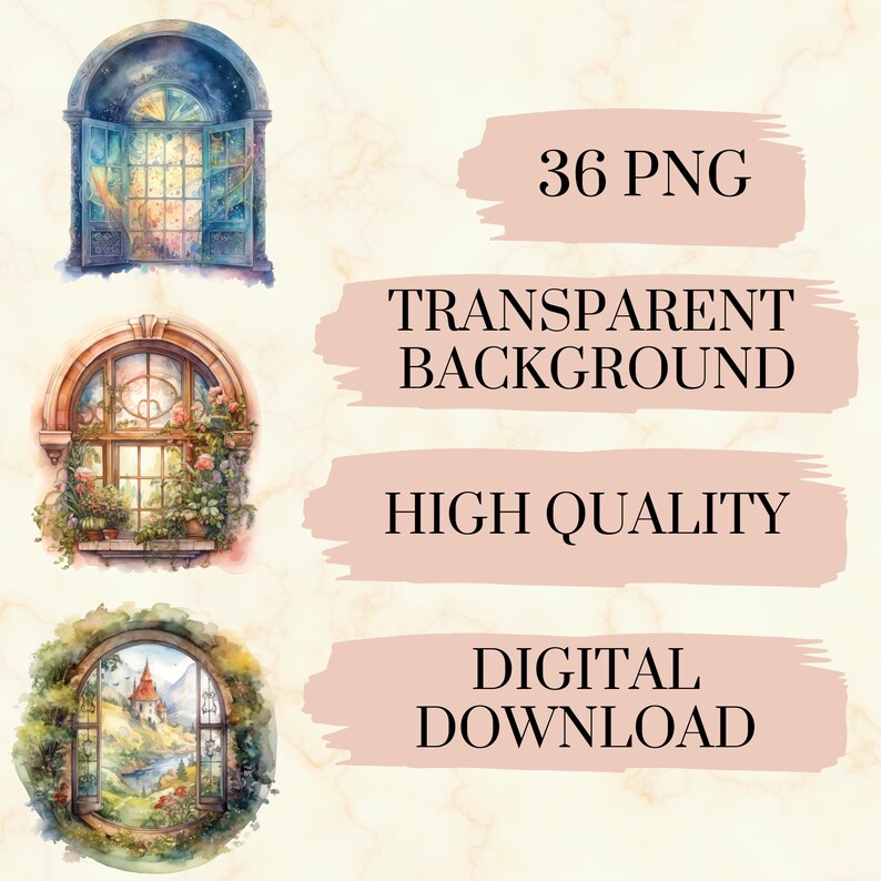 36 Fantasy Windows Watercolor Clipart Magical Fairytale PNG Set ...
