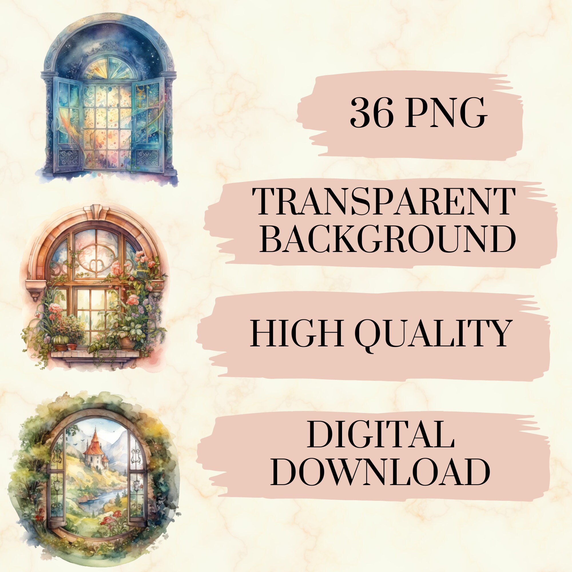 36 Fantasy Windows Watercolor Clipart - Magical Fairytale PNG Set ...